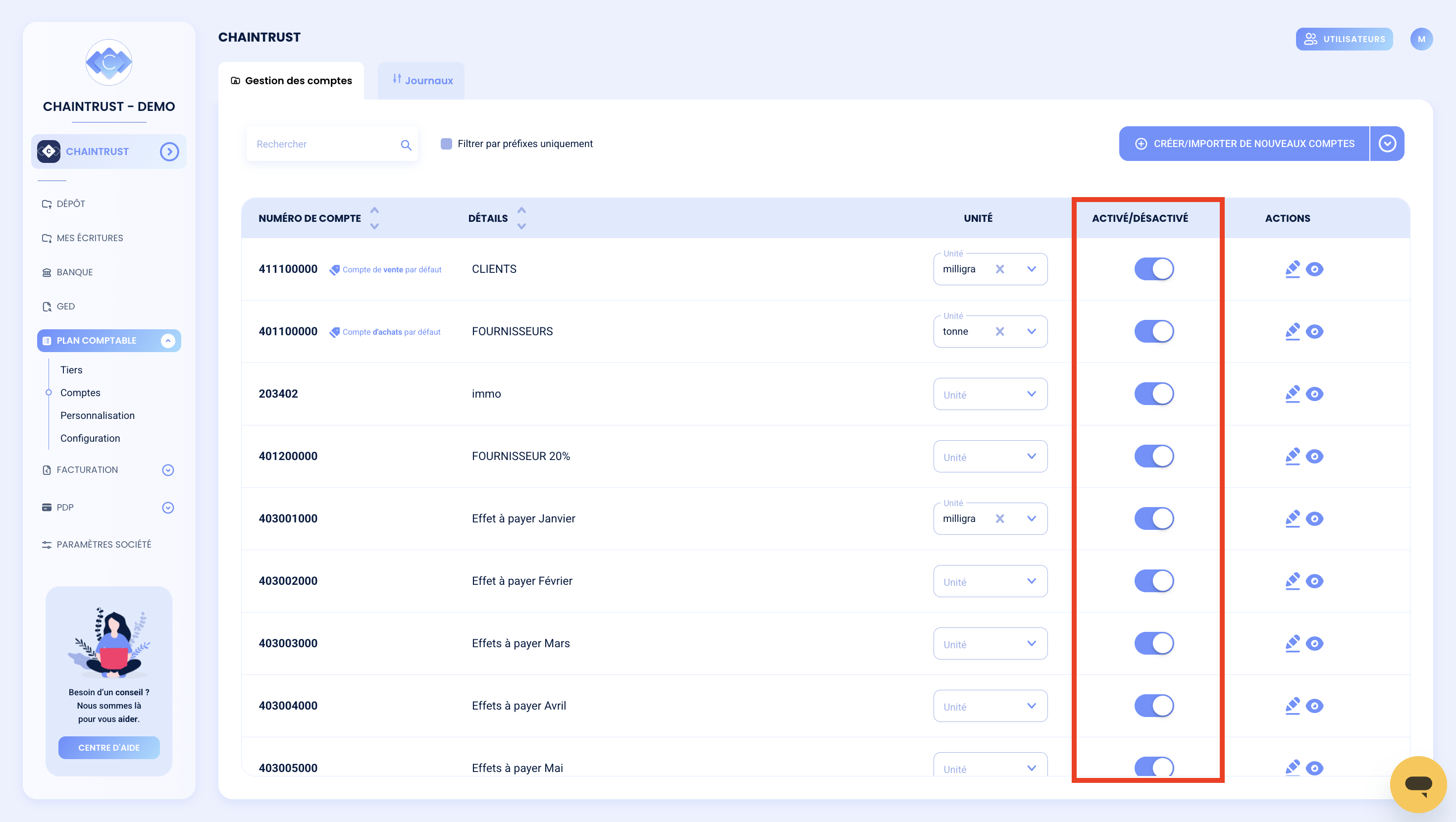 Activer ou désactiver un compte – Chaintrust