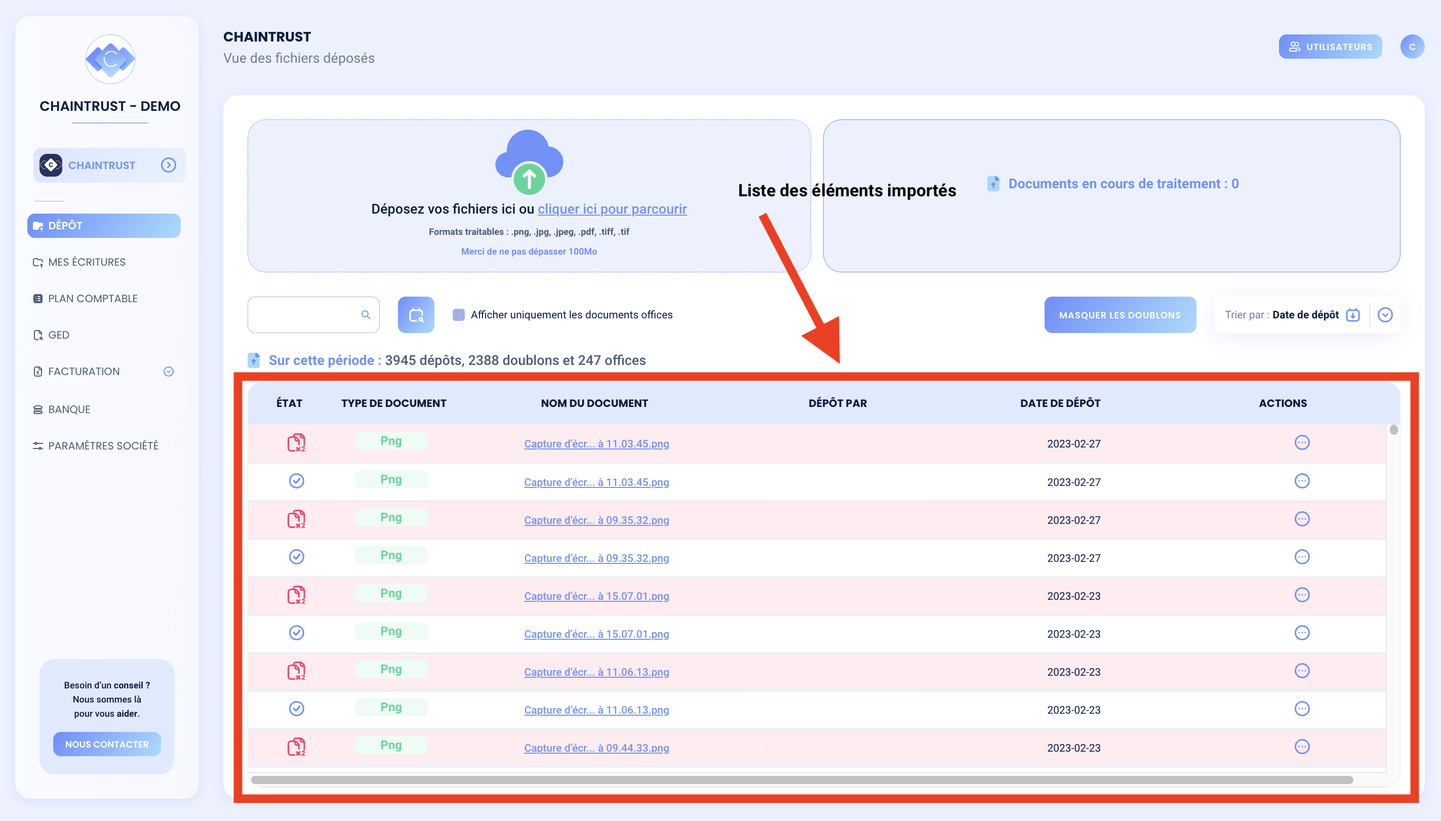 Déposer des factures – Chaintrust