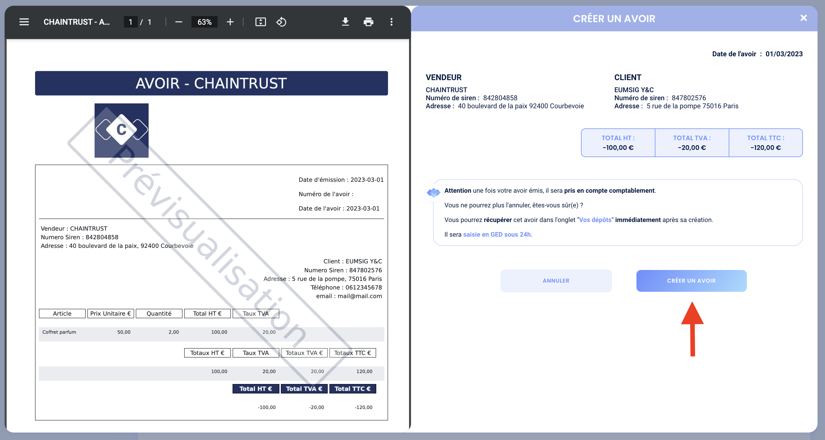 Émettre un avoir – Chaintrust